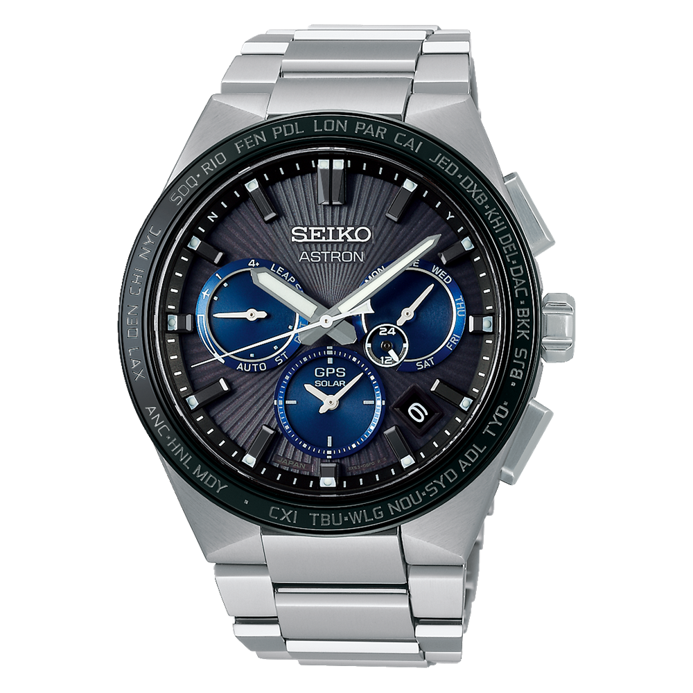 Relógio Astron GPS Solar 5X Duplo Fuso Horário Preto e Azul